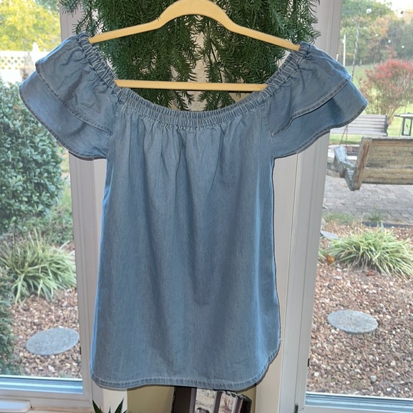 Cavalini | Tops | Cavalini Off Shoulder Denim Like Blouse Size M | Poshmark